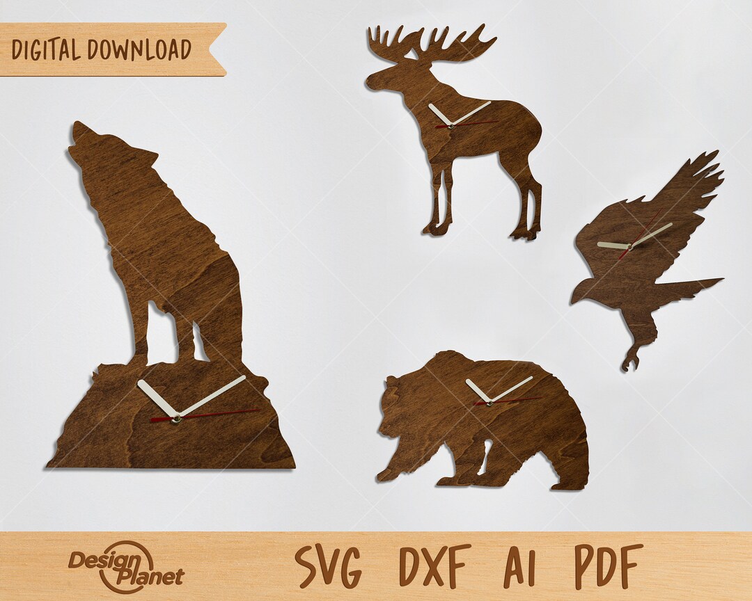 Wild Animals Laser Cut Clock, Wall Clock SVG, Bear Svg, Moose Svg, Wold ...