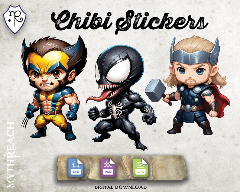 Chibi Stickers - Wolverine Thor Venom - SVG PNG JPG - Printable Digital ...