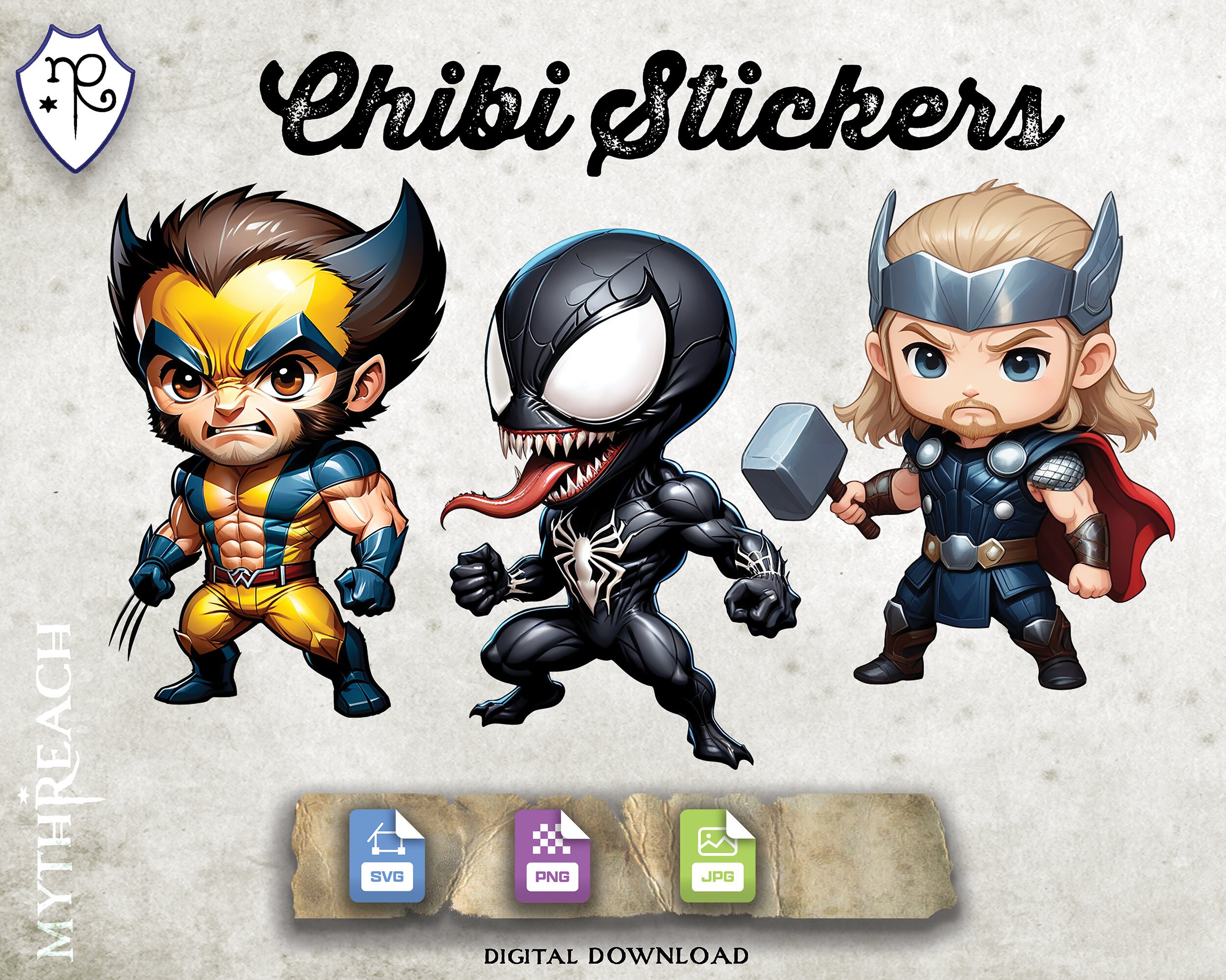 Chibi Stickers - Wolverine Thor Venom - SVG PNG JPG - Printable Digital ...