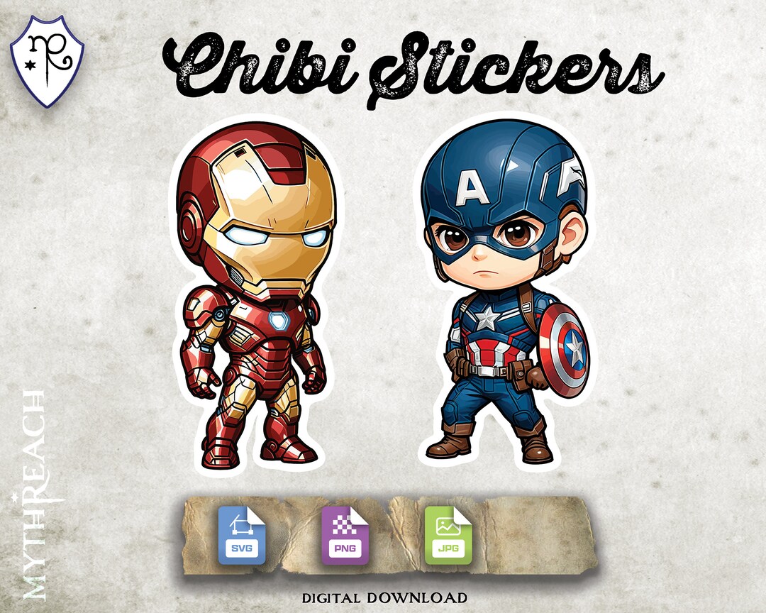 Chibi Stickers - Iron Man Captain America - SVG PNG JPG - Printable ...