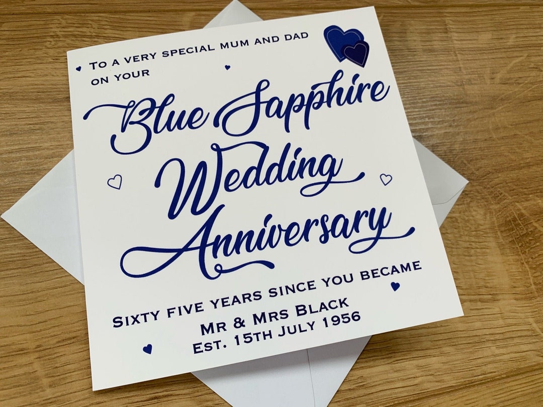 Personalised Blue Sapphire 65th Wedding Anniversary Card Husband Wife Mum & Dad Any Name Any ...