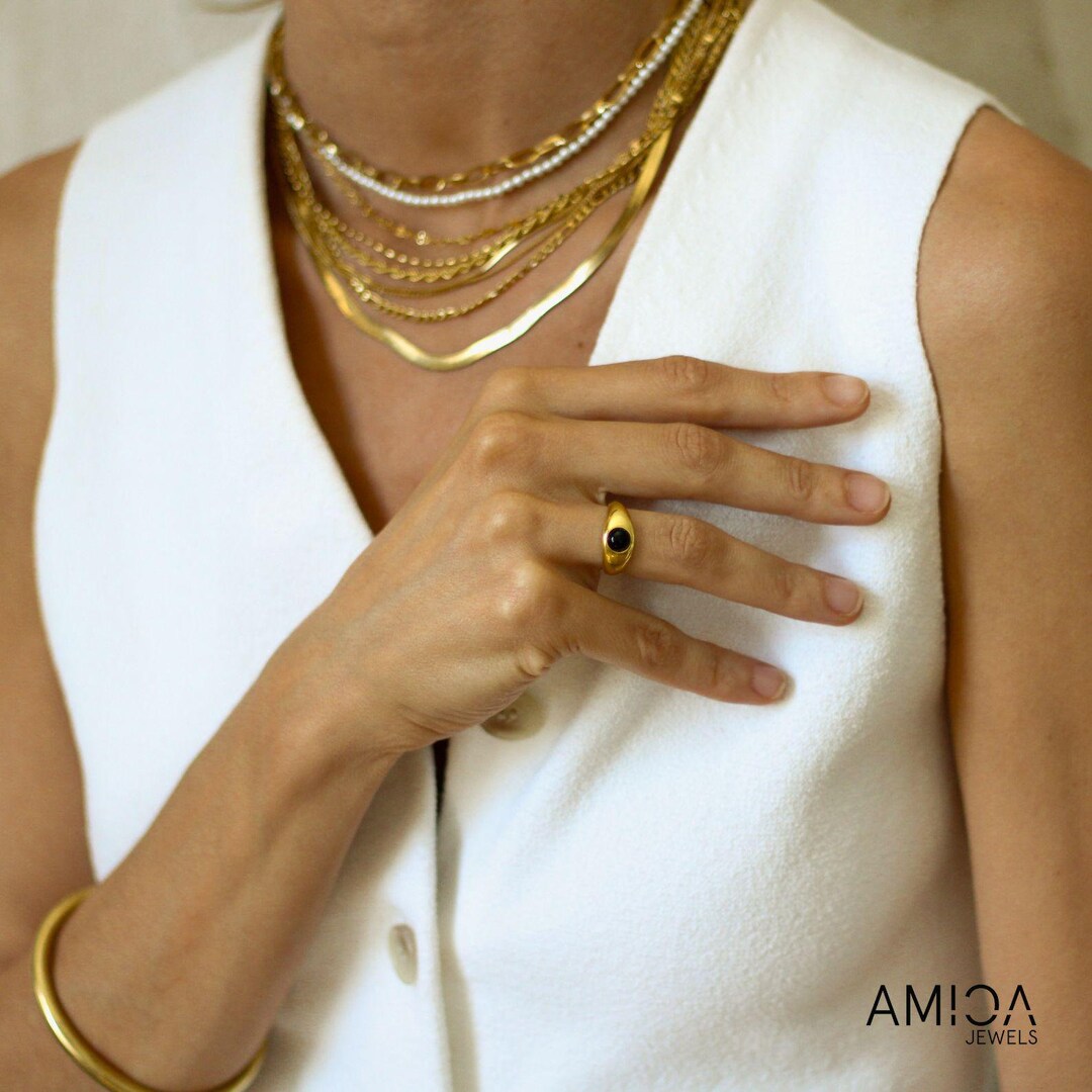 Black Onyx Ring, Oval Signet Ring, 24k Gold Vermeil Ring, Adjustable ...