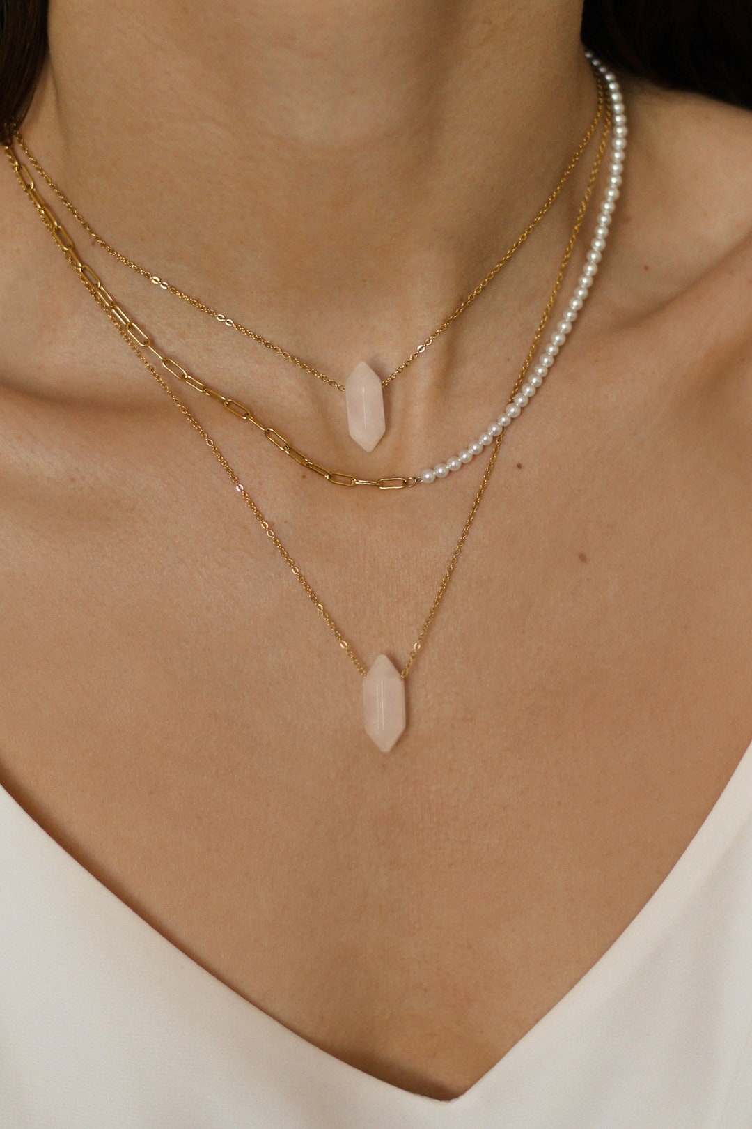 Raw Rose Quartz Necklace, Rose Quartz Point Necklace, Crystal Layered ...