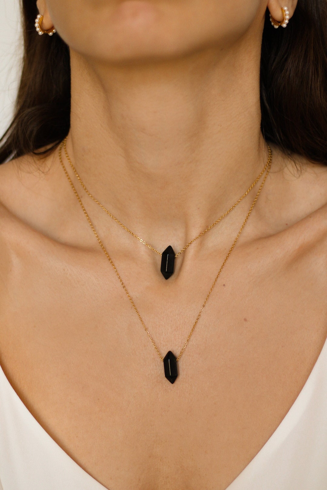 Black Obsidian Necklace, Black Obsidian Pendant, Crystal Layered ...
