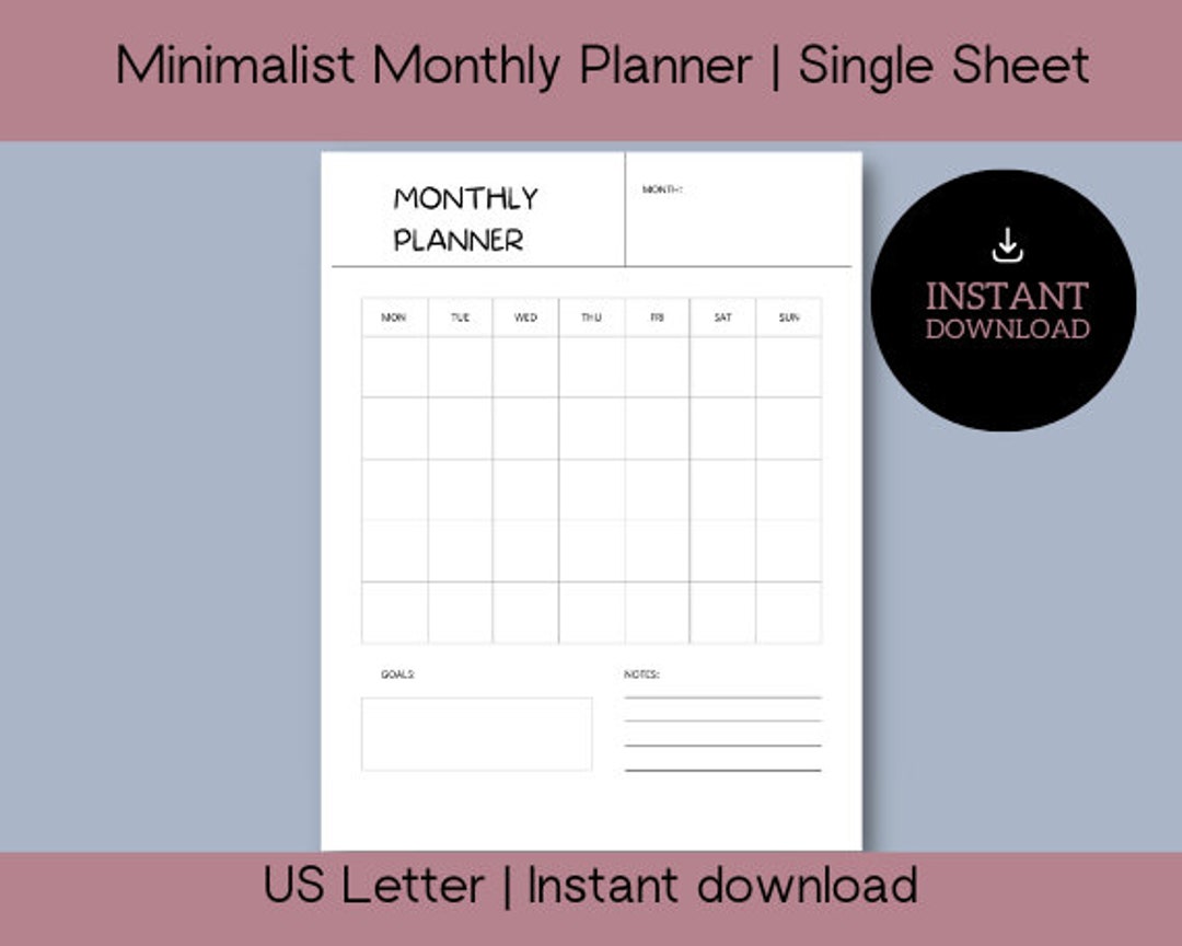 Minimalist Monthly Planner, Instant Download, Digital Download, Undated ...