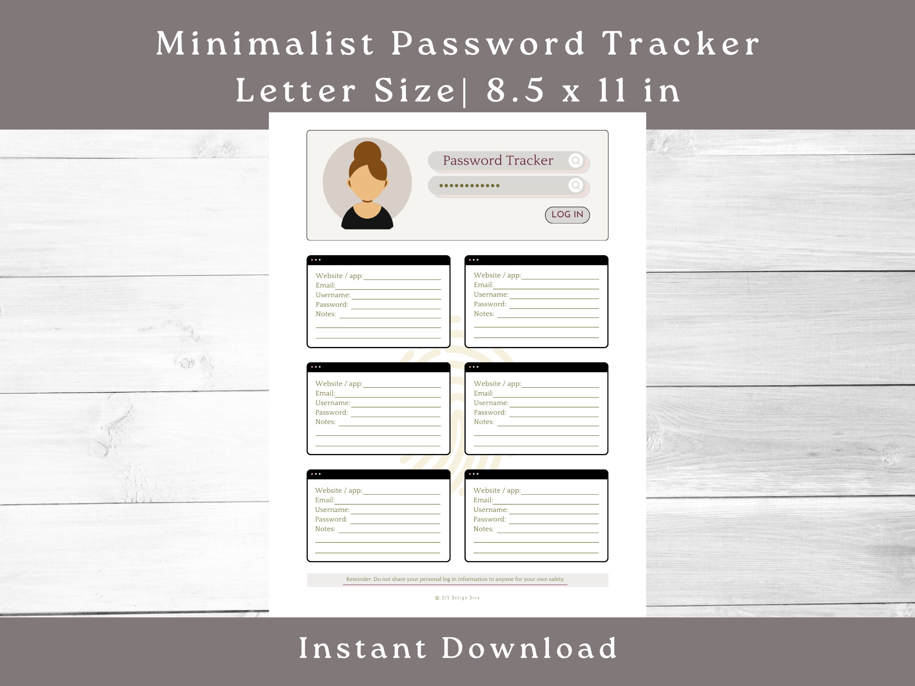 Printable Minimalist Password Tracker, Password Keeper, Instant PDF ...