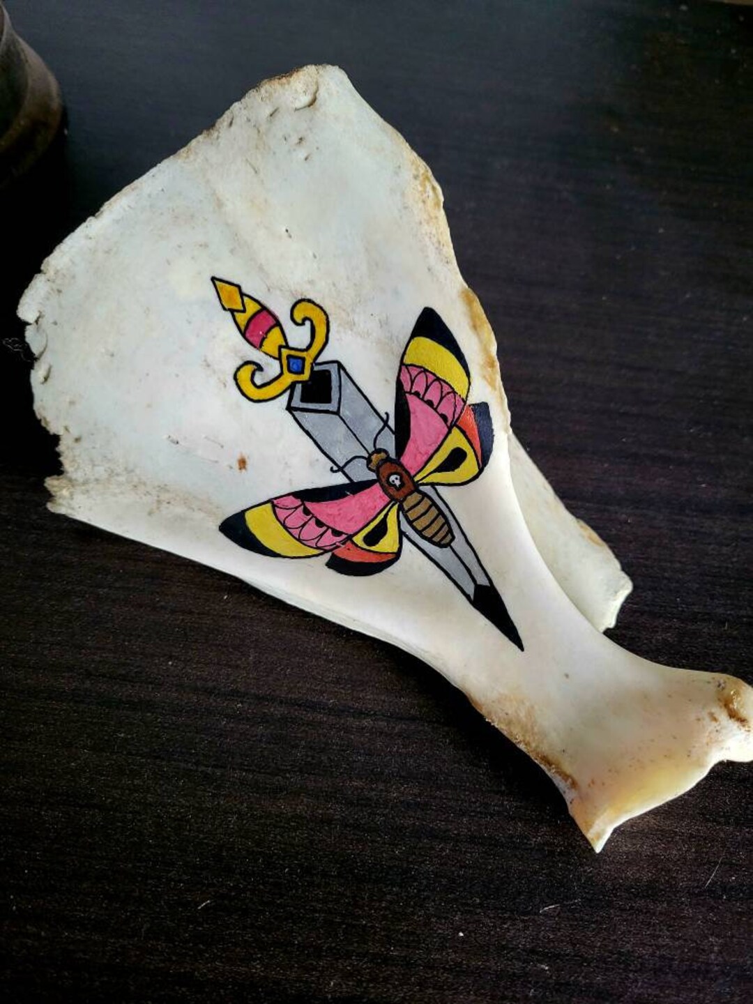 Hand-painted Bone With Moth and Dagger Tattoo Design – Gothic Art, Dark ...