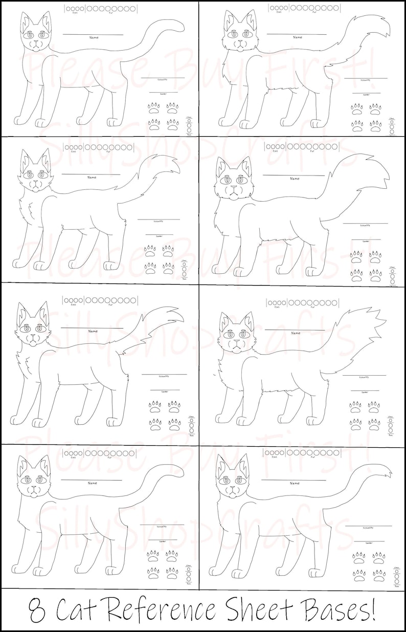 Cat / Warrior Cats / OC Reference Sheet Base Pack Includes 8 - Etsy