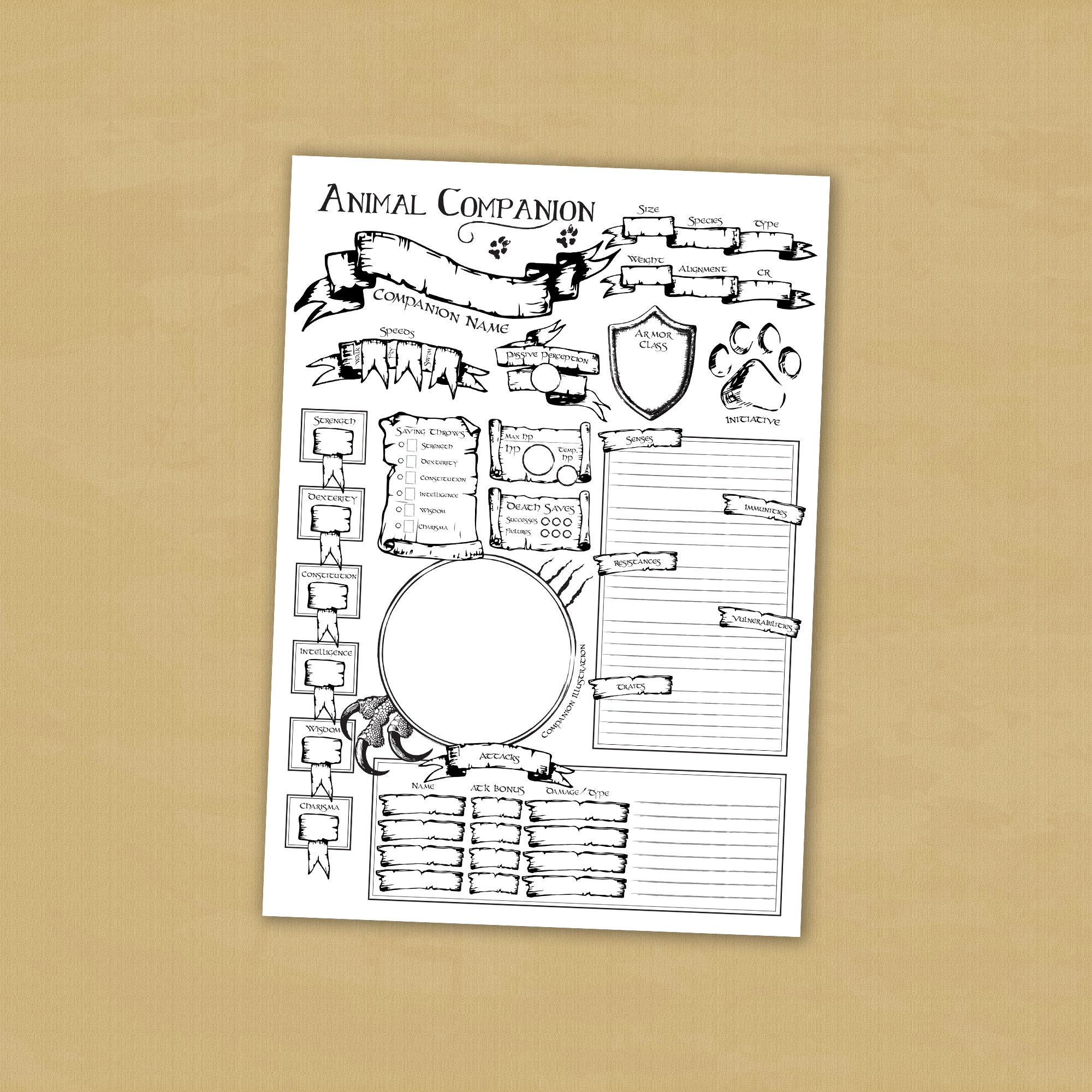 D&D Animal Companion Character Sheet PDF DOWNLOAD Fillable - Etsy