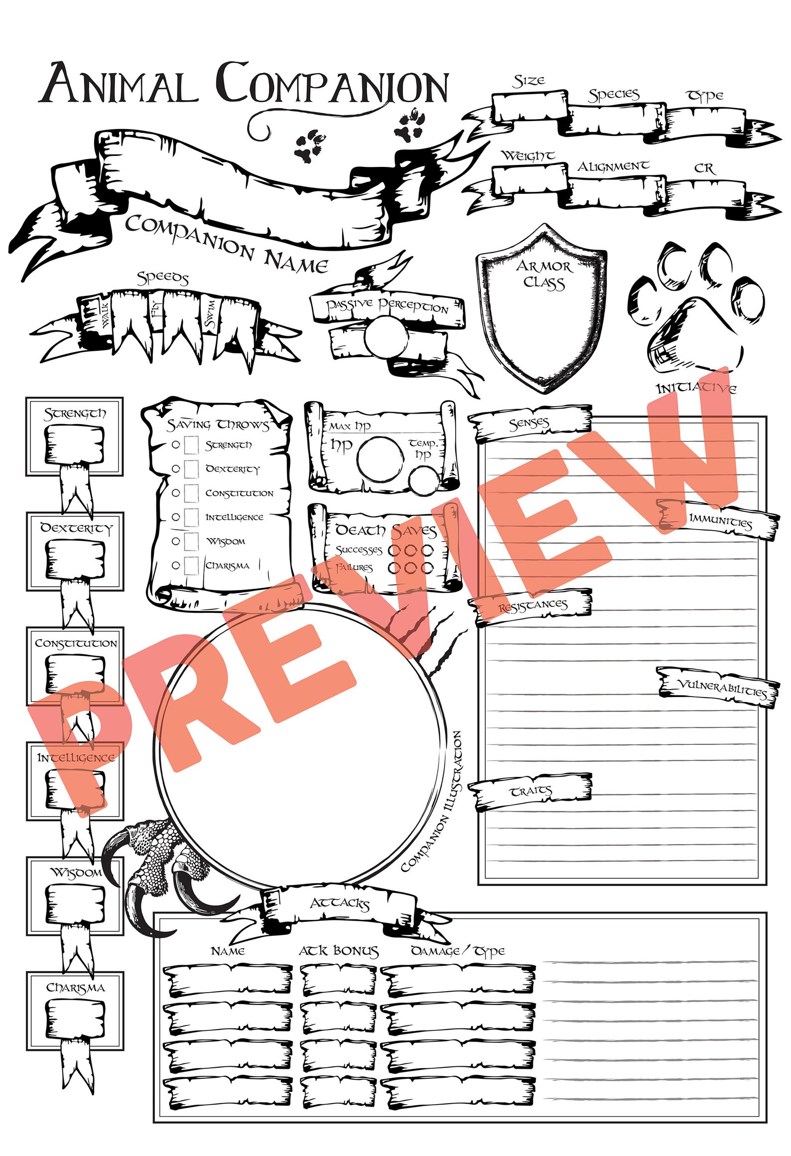 D&D Animal Companion Character Sheet PDF DOWNLOAD Fillable - Etsy