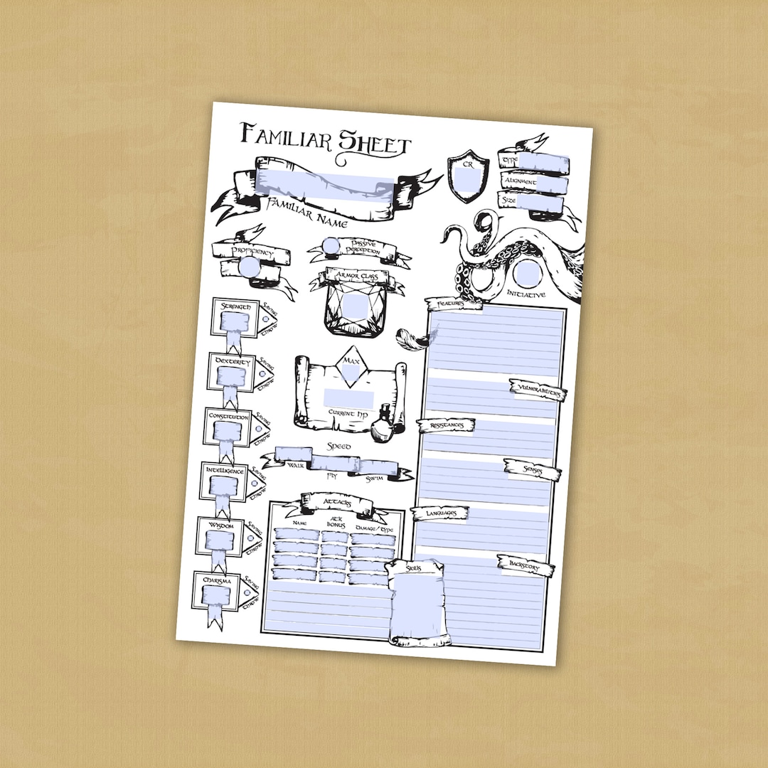 D&D Familiar Character Sheet *PDF DOWNLOAD* Fillable - Etsy