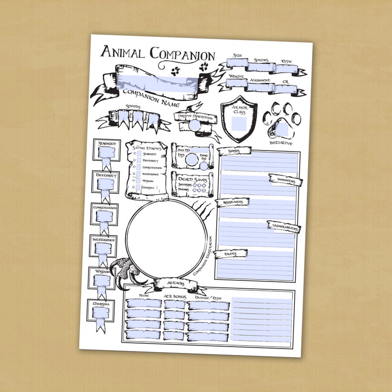D&D Animal Companion Character Sheet *PDF DOWNLOAD* Fillable - Etsy
