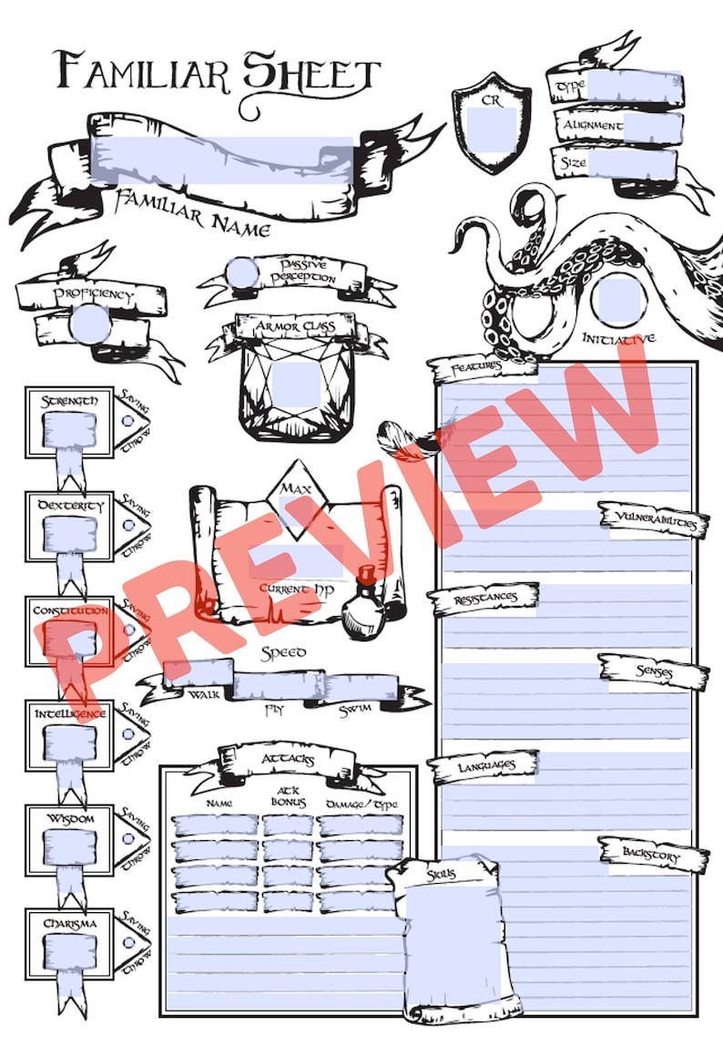 D&D Familiar Character Sheet PDF DOWNLOAD Fillable - Etsy