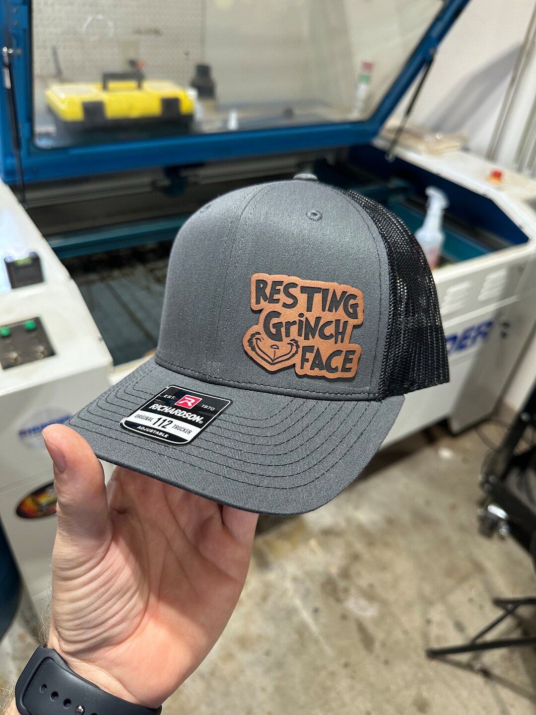 Resting Grinch Face Hat - Leatherette Patch - Leather Patch, Richardson ...