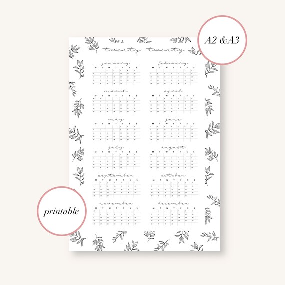 2020 Wall Calendar Botanical Printable Planner Tracker A2 A3 Horizontal ...