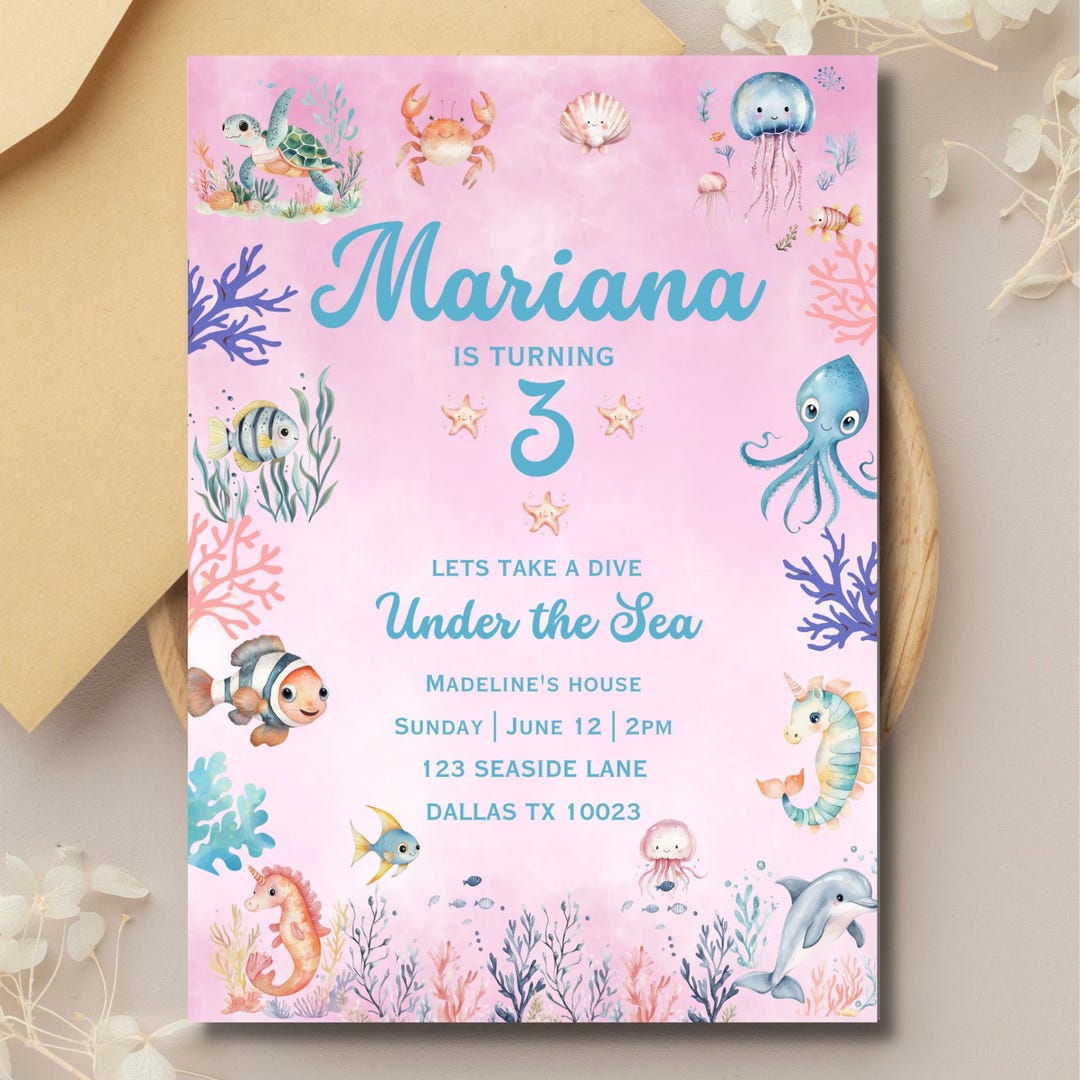 Under the Sea 3rd Birthday Invitation - Under the Sea Editable Template ...