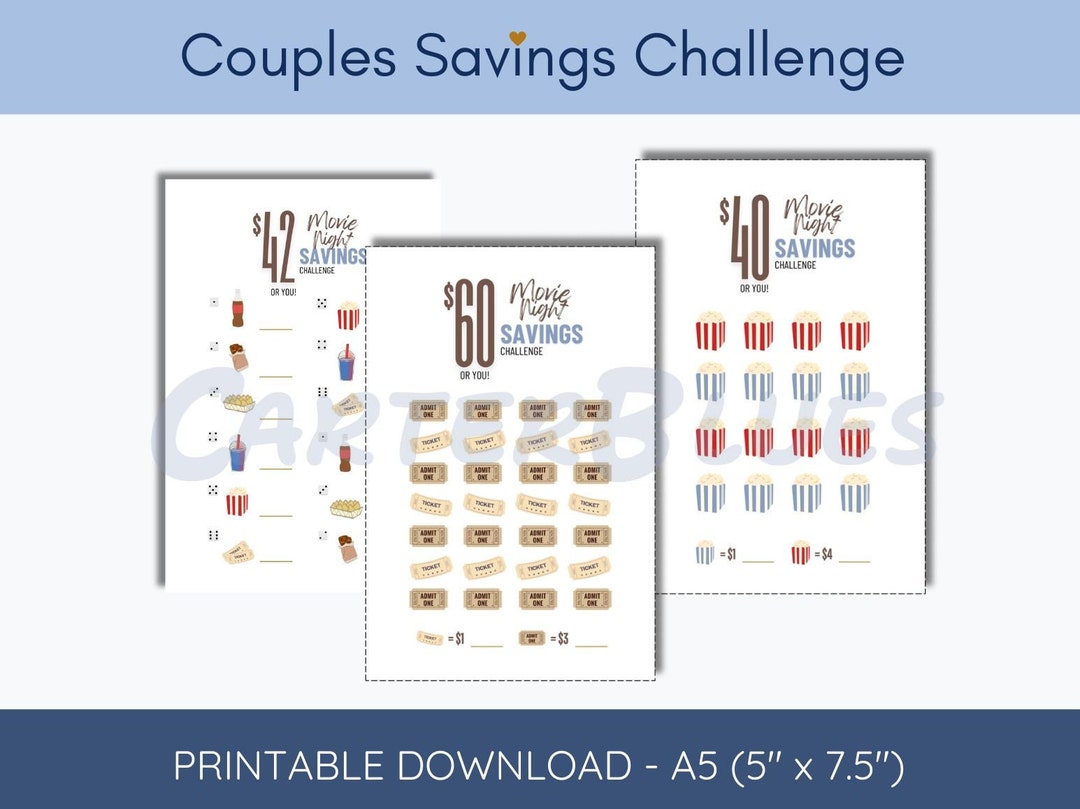 3 Printable A5 Movie Night Savings Challenge Date Night Popcorn Couple ...