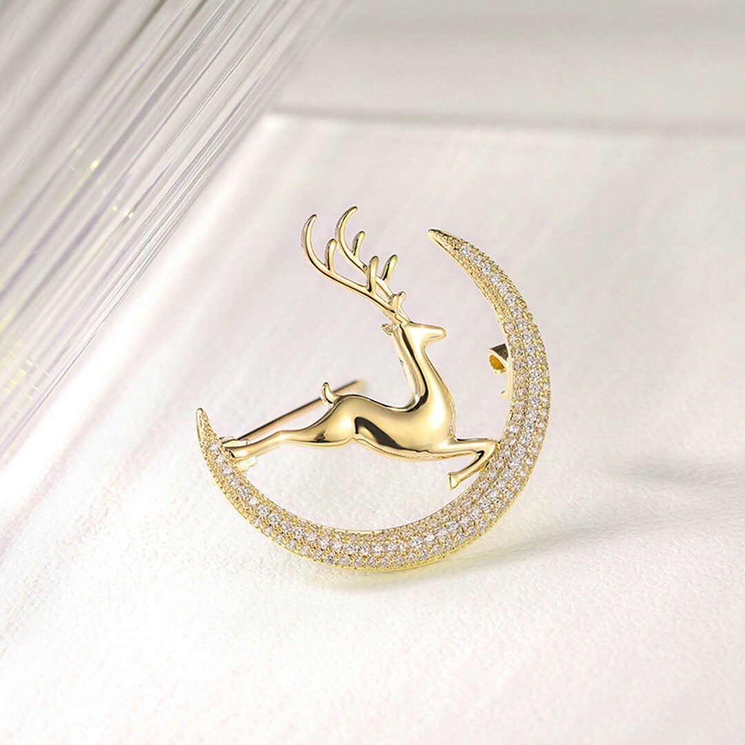 Crystal Metal Christmas Reindeer Brooch Pin, Gold Moon Brooch ...