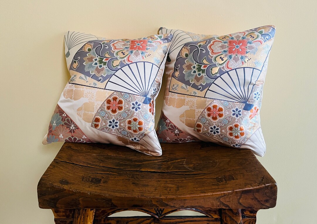 Blue Fan Embroidered Obi Sash Silk Cushion, Limited Edition, Hand ...