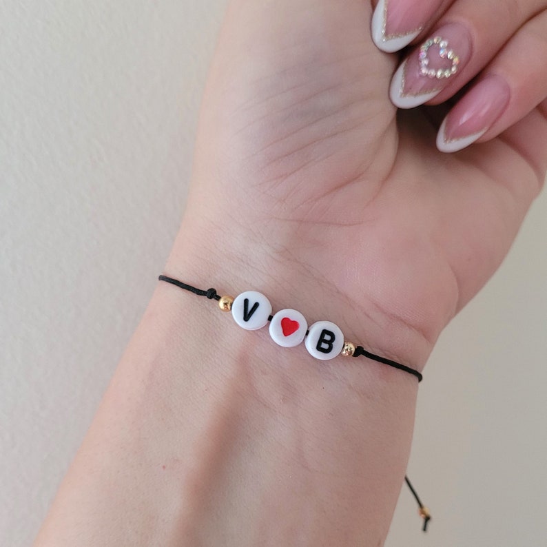 Custom Initial Bracelet, Acrylic Black Letter and Red Heart, Adjustable ...