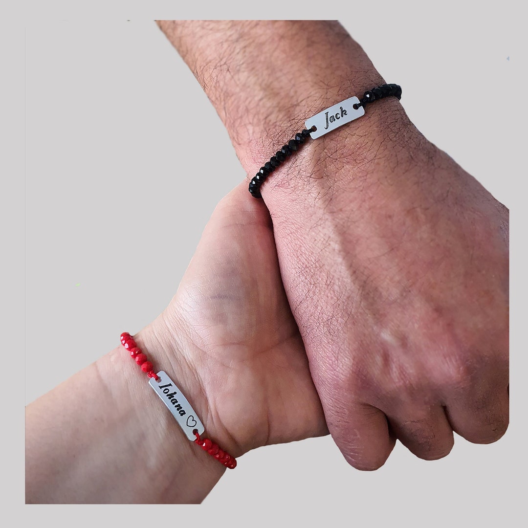 Personalized Couples Bracelet, Custom Engraved Name, Couples Beaded ...