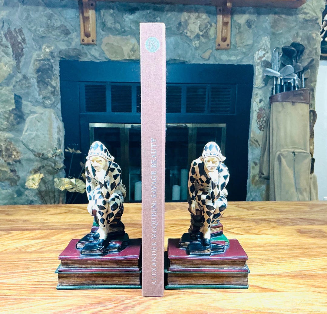 Vintage MCM Harlequin Bookends, Art Deco Court Jester Thinking Book ...
