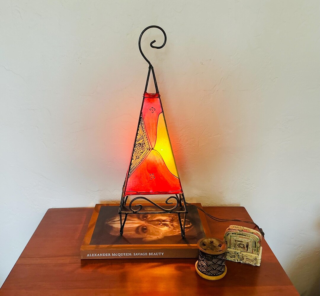 Vintage Moroccan Pyramid Henna Lamp, Metal Goat Skin Handmade in ...