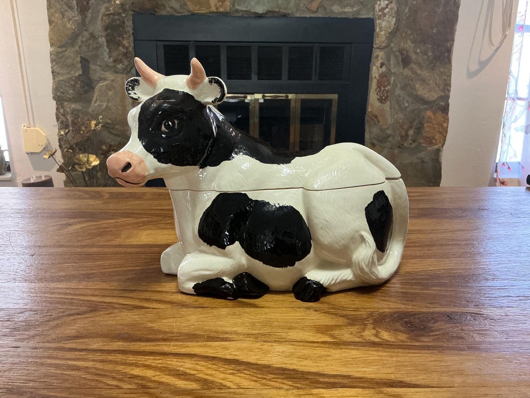 Large Vintage Cow Cookie Jar, Black & White Cow Biscuit Cookie Jar ...