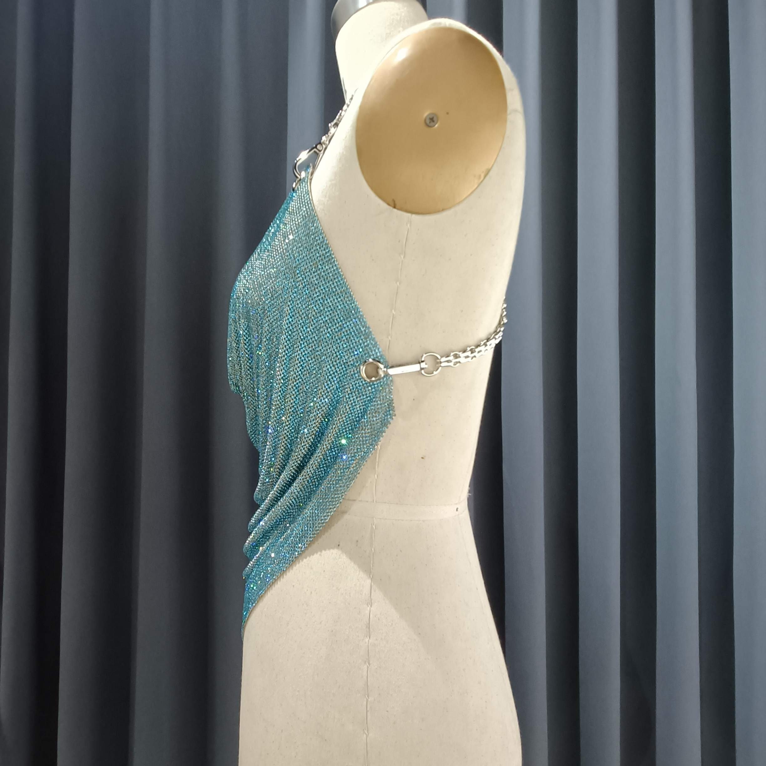 Light Blue Aquamarine Crystal Mesh Chainmail Backless Top Silver Chain ...