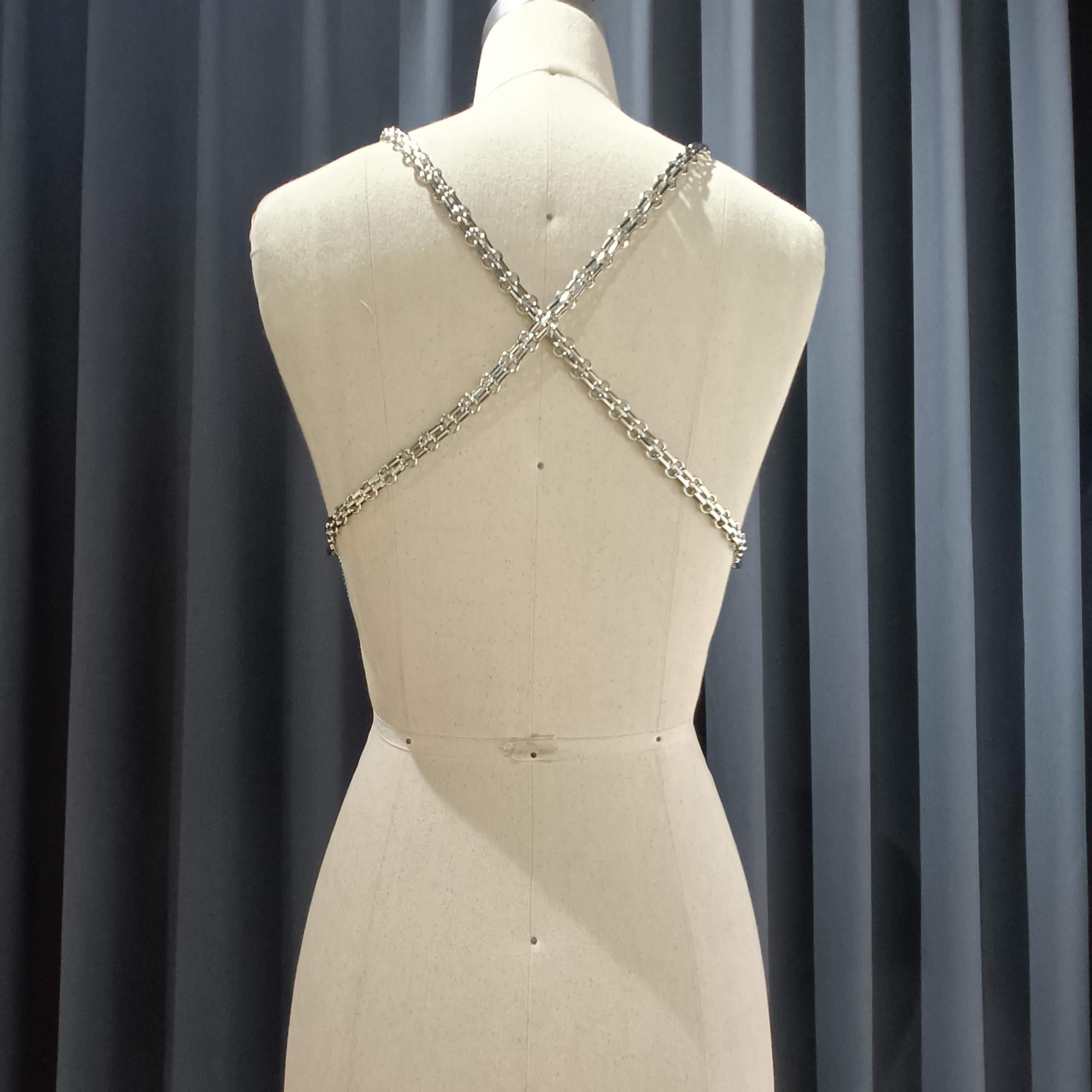 Light Blue Aquamarine Crystal Mesh Chainmail Backless Top Silver Chain ...