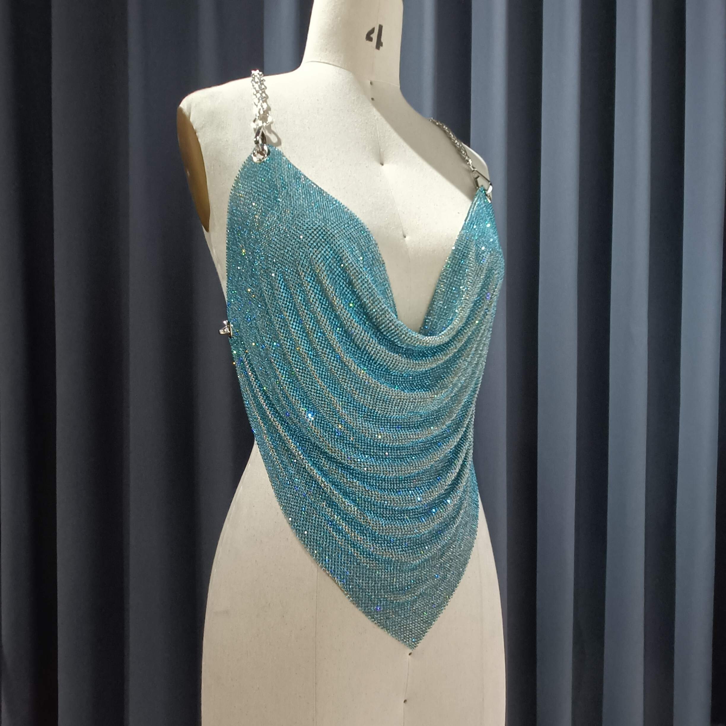 Light Blue Aquamarine Crystal Mesh Chainmail Backless Top Silver Chain ...