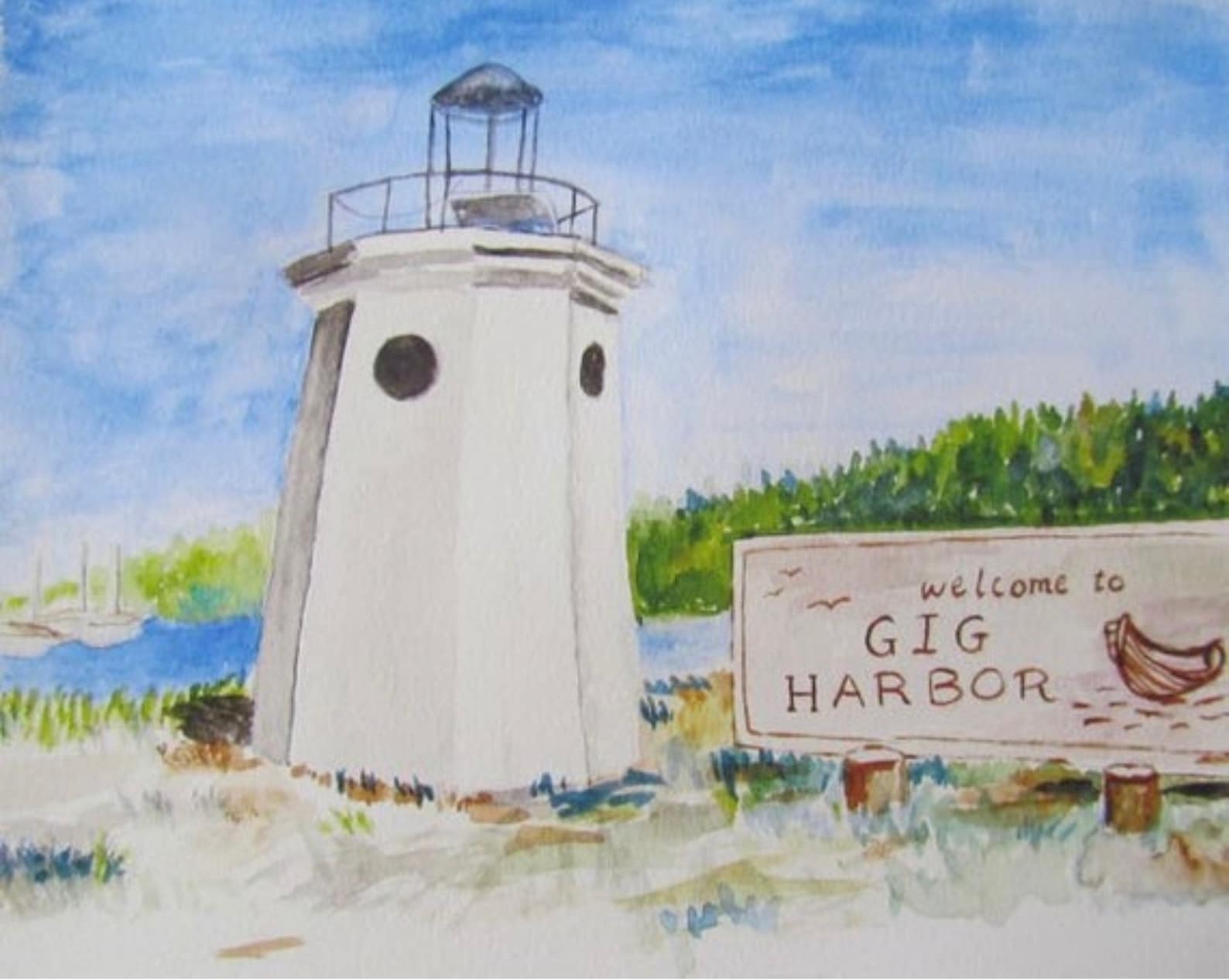 Gig Harbor Lighthouse Watercolor Painting, Original Pacific Northwest ...