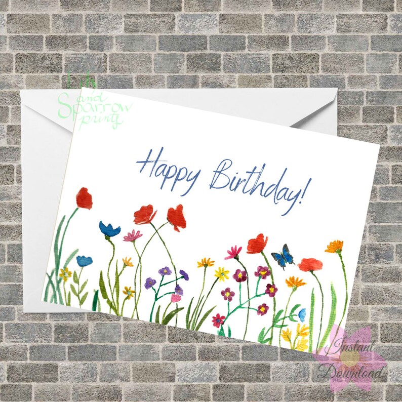 Wildflowers Birthday Card, PRINTABLE Birthday Card for Her, Flower ...