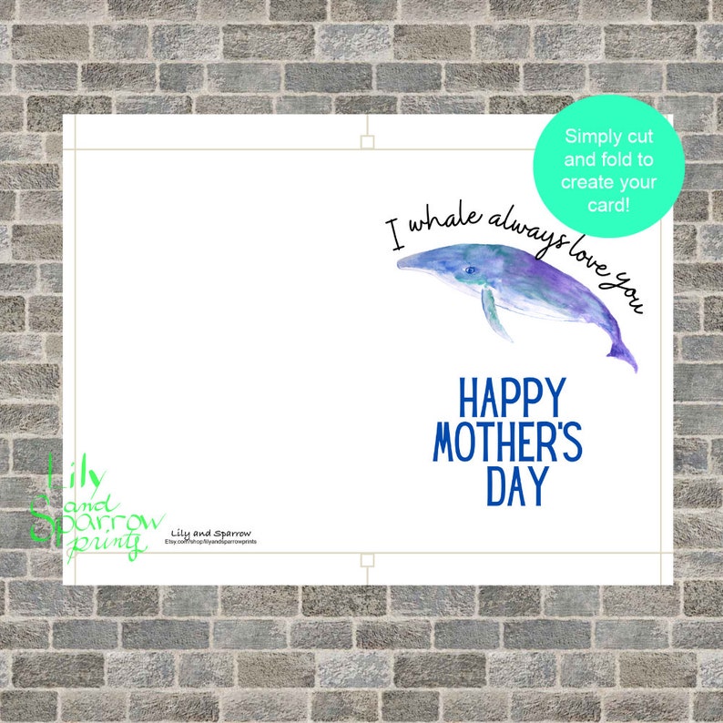 Funny Whale Mothers Day Card PRINTABLE Original Watercolor | Etsy