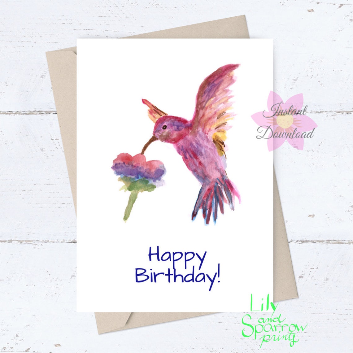 Tarjeta de cumpleaños IMPRIMIBLE, Colibrí acuarela, Deseos de ...