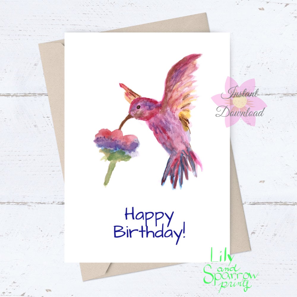 PRINTABLE Birthday Card, Watercolor Hummingbird, Birthday Wishes ...
