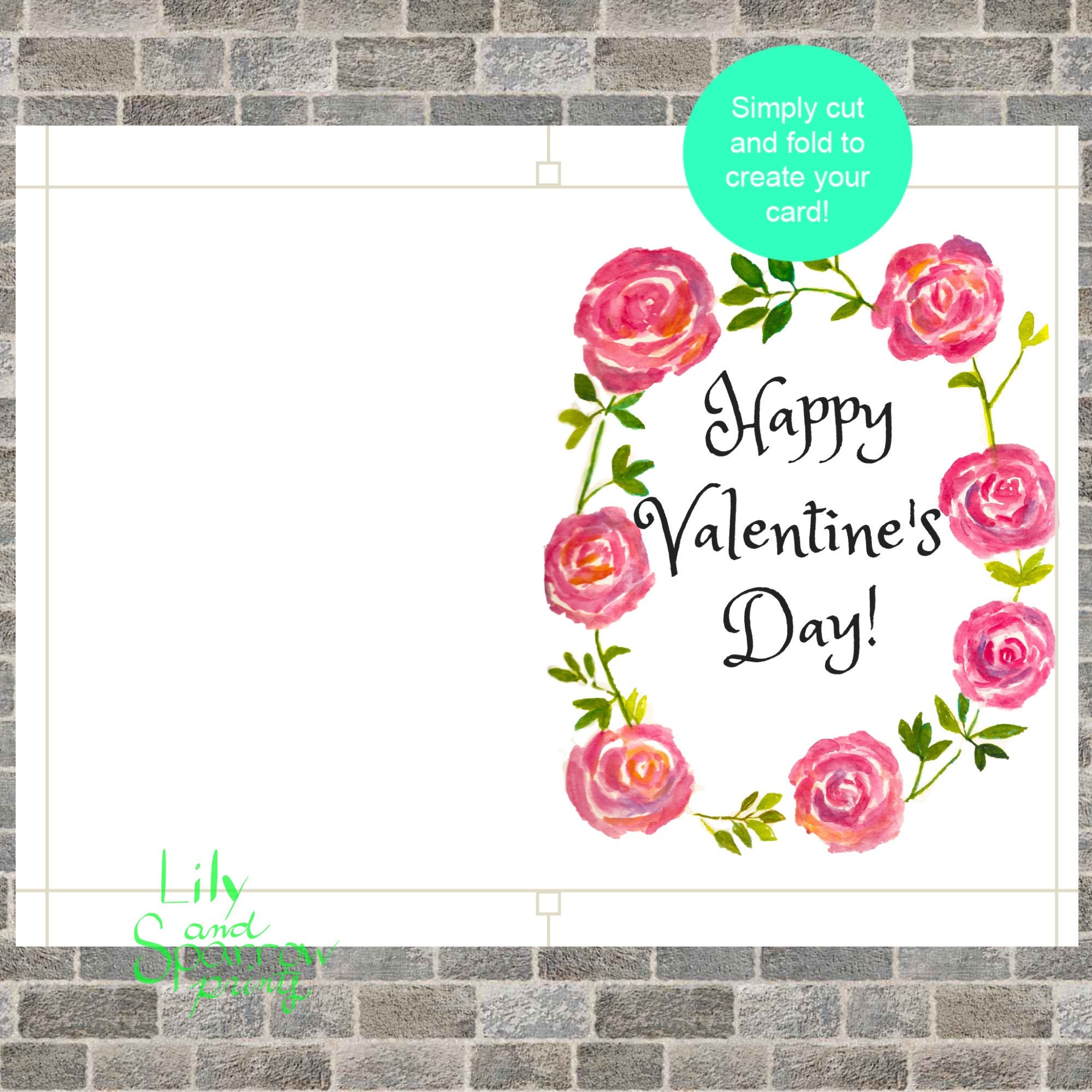 Printable Valentines Day Card for Her, Pink Rose Border Digital ...