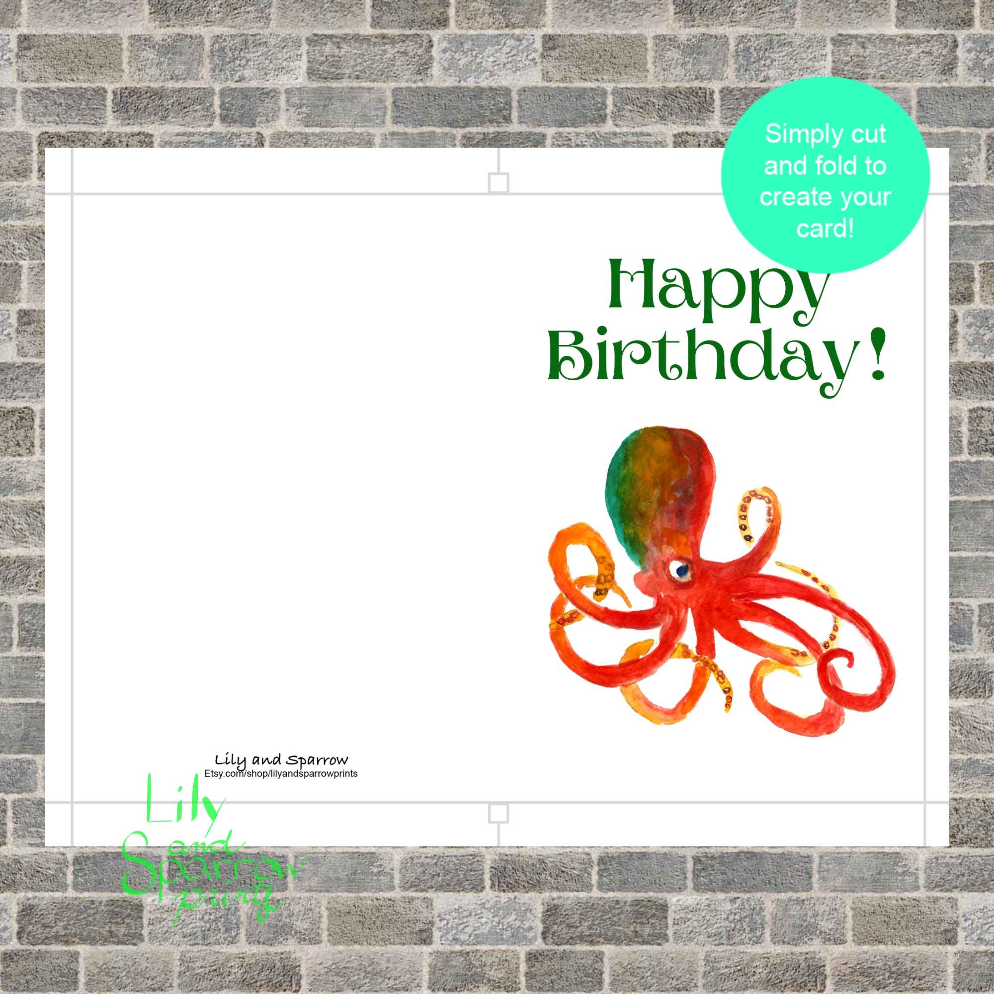 Octopus PRINTABLE Birthday Card; Funny Watercolor Card, Card for Him ...