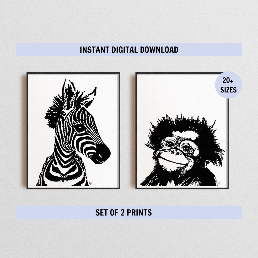 Baby Zebra and Baby Monkey, Black & White Safari Animals, Zoo Art ...