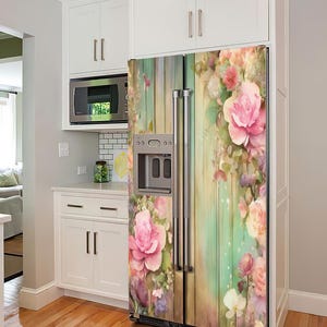 Pink Flowers Refrigerator Wrap Vinyl, Wooden Texture Peel &stick ...