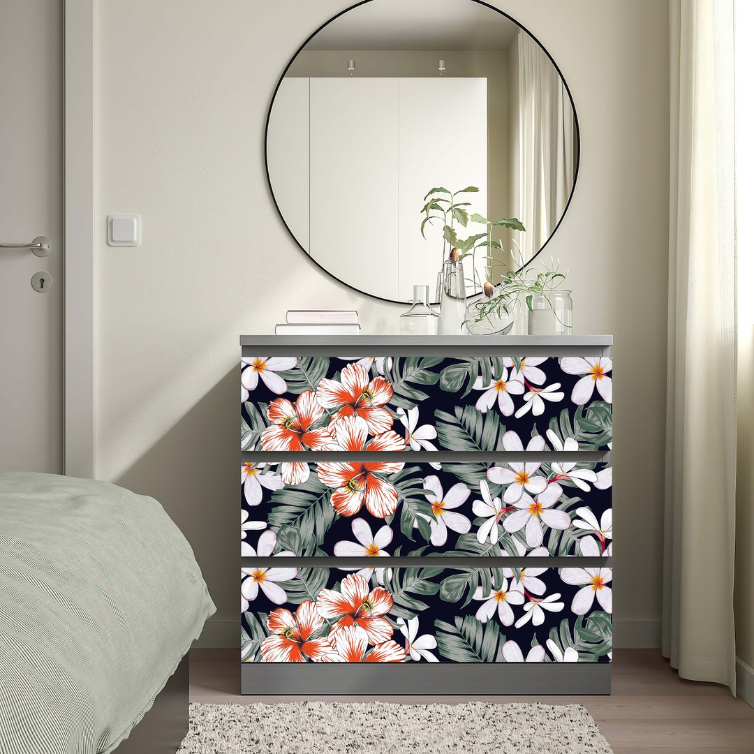 Tropical Flowers and Leaves Ikea Malm Dresser Decal, Botanical Dresser ...