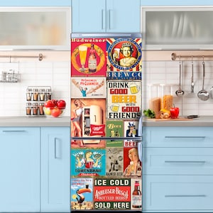 Retro Beer Fridge Wrap Vintage Labels Door Mural, Fridge Sticker Side ...