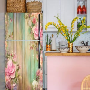 Pink Flowers Refrigerator Wrap Vinyl, Wooden Texture Peel &stick ...