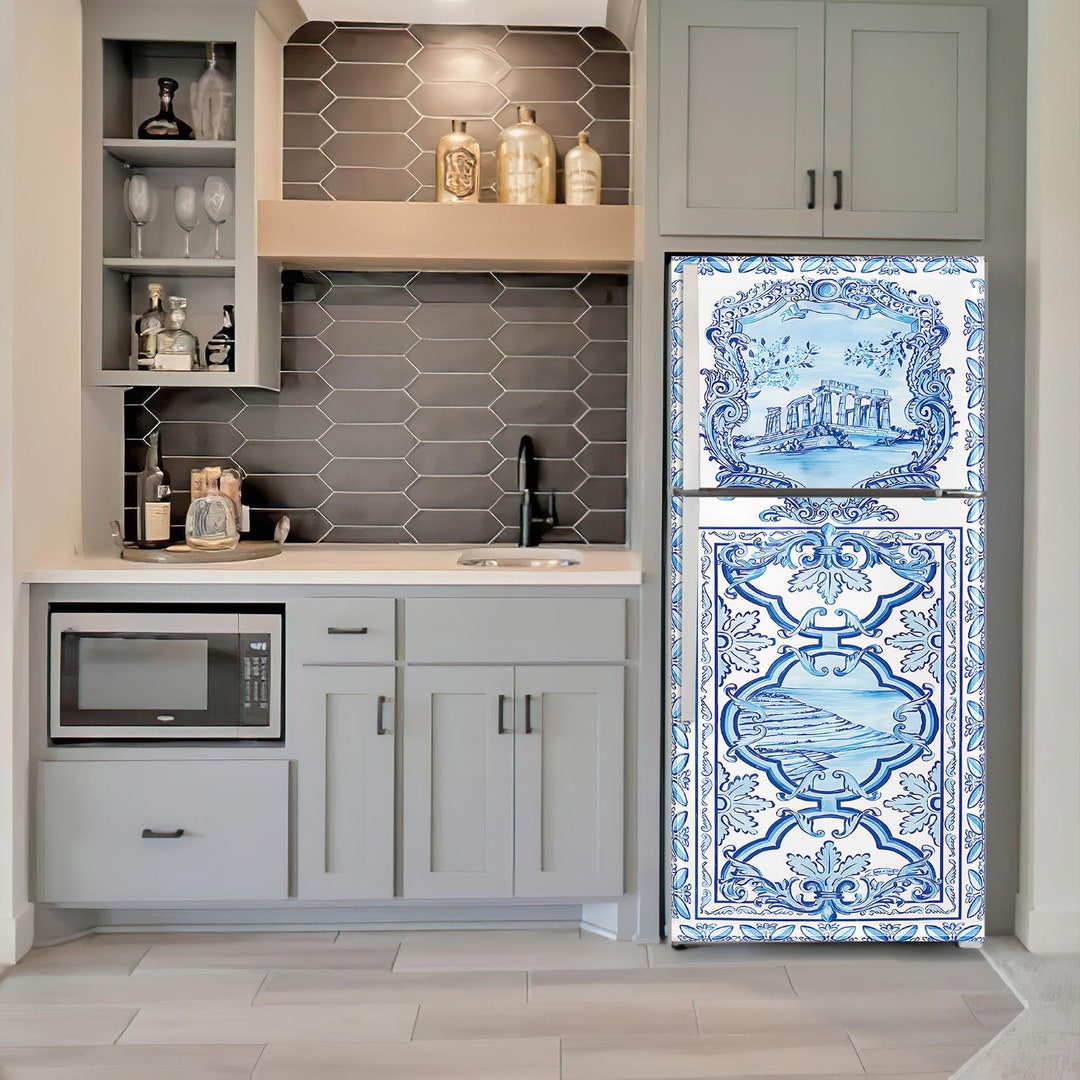 Traditional Blue Tile Refrigerator Wrap, Peel &stick Vinyl, Backsplash ...