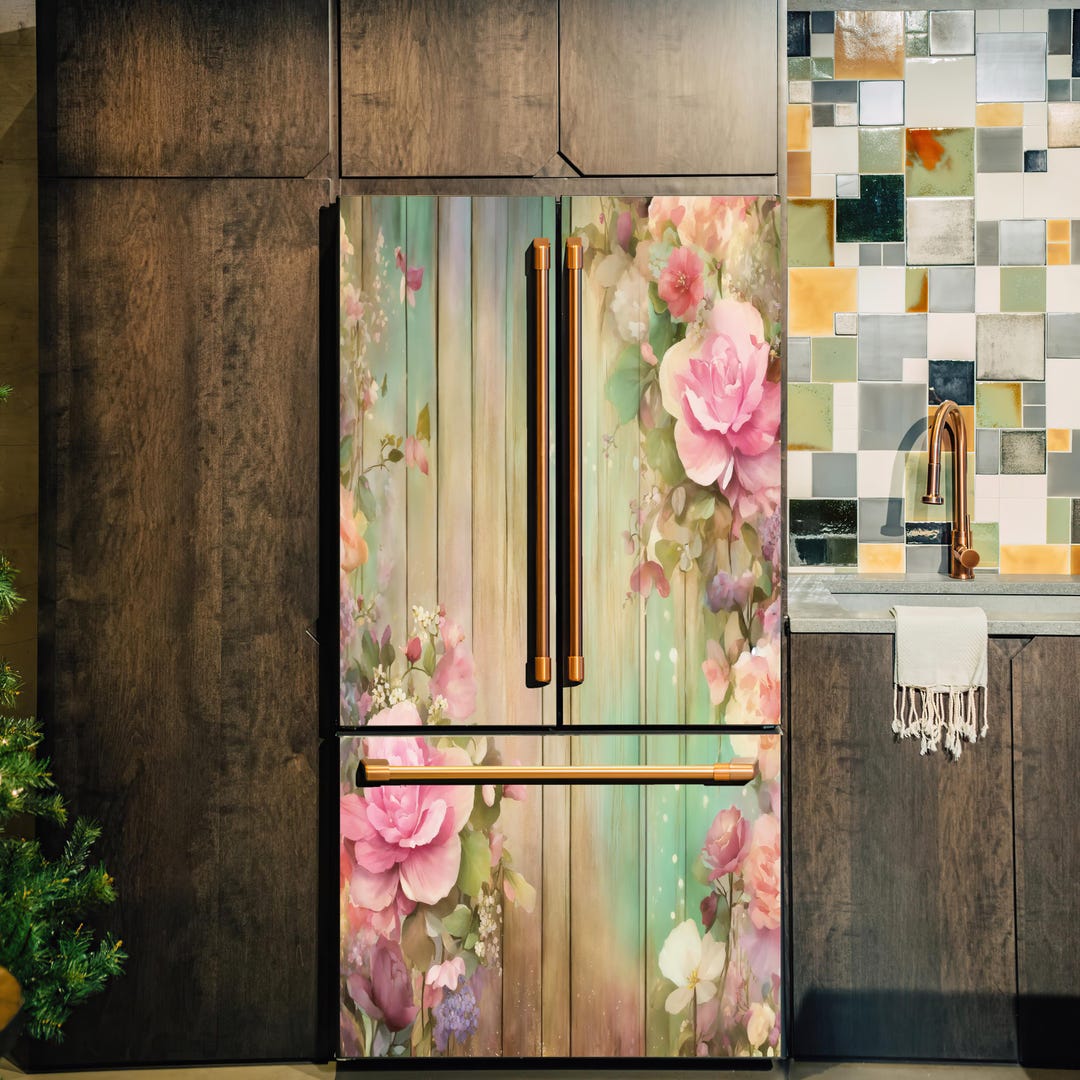 Pink Flowers Refrigerator Wrap Vinyl, Wooden Texture Peel &stick ...