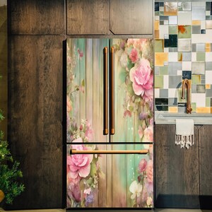 Pink Flowers Refrigerator Wrap Vinyl, Wooden Texture Peel &stick ...