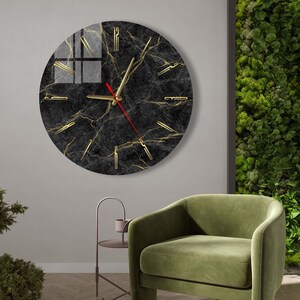Acrylic Glass Wall Clock, Gold & Black Marble, Non-ticking Clock, Large ...