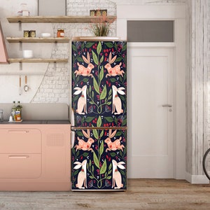 Bunny Fridge Wrap Vintage Door Mural, Folk Style Fridge Retro ...