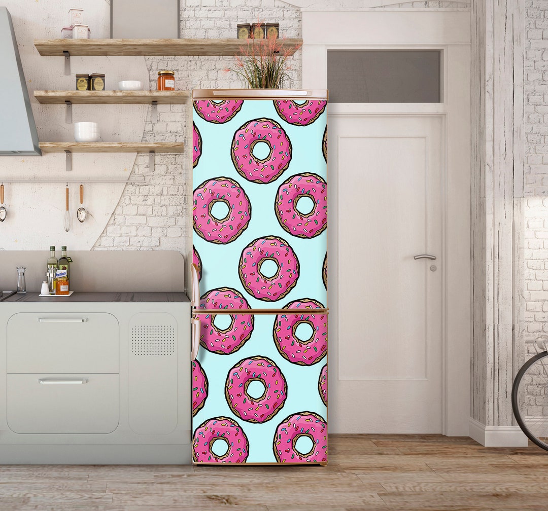 Pink Donut Fridge Wrap, Food Fridge Decal, Handmade Door Mural, Self ...