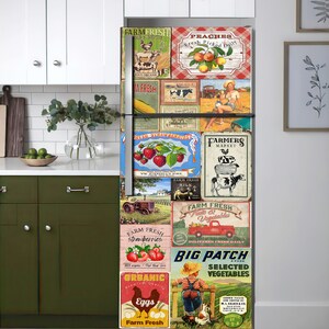 Retro Farm Labels Fridge Wrap, Vintage Food Signs Door Mural, Side by ...
